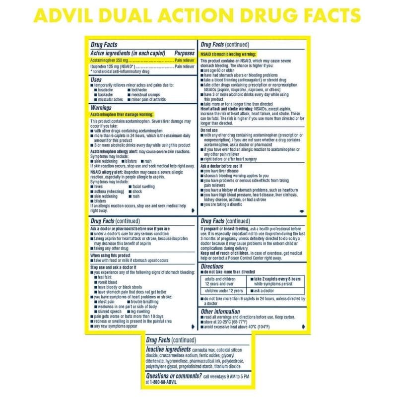 Viên uống Advil Dual Action Acetaminophen 250mg Ibuprofen 125mg 72 ...