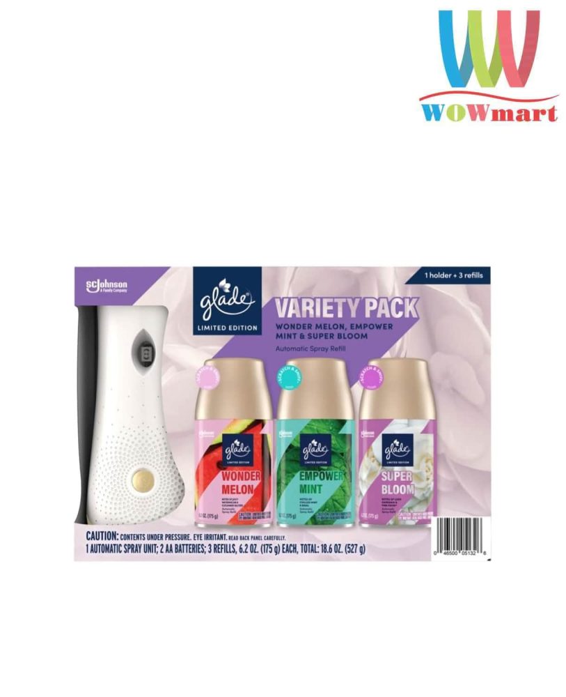 Set máy xịt thơm phòng tự động Glade chạy pin + 3 chai tinh dầu (Wonder Melon, Empower Mint ...